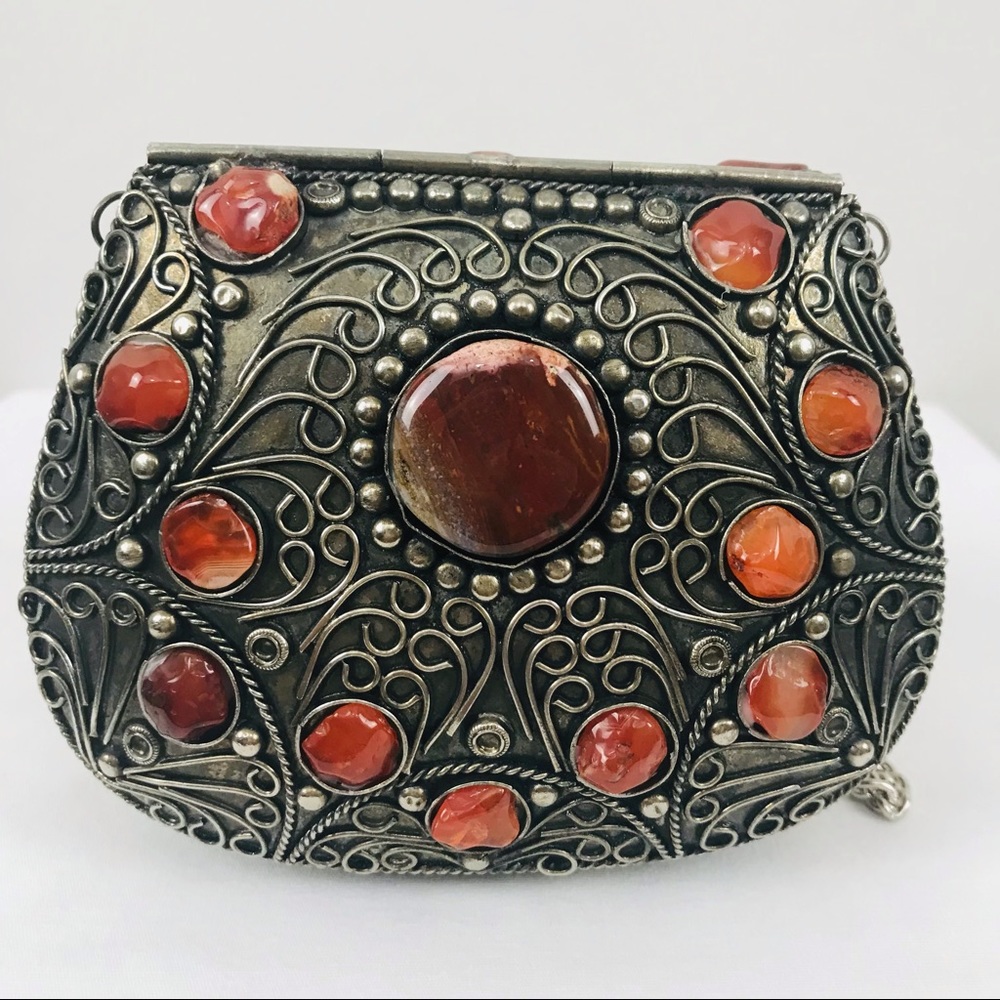 Vintage Sajal India Metal Agate Stone Bag - Gem